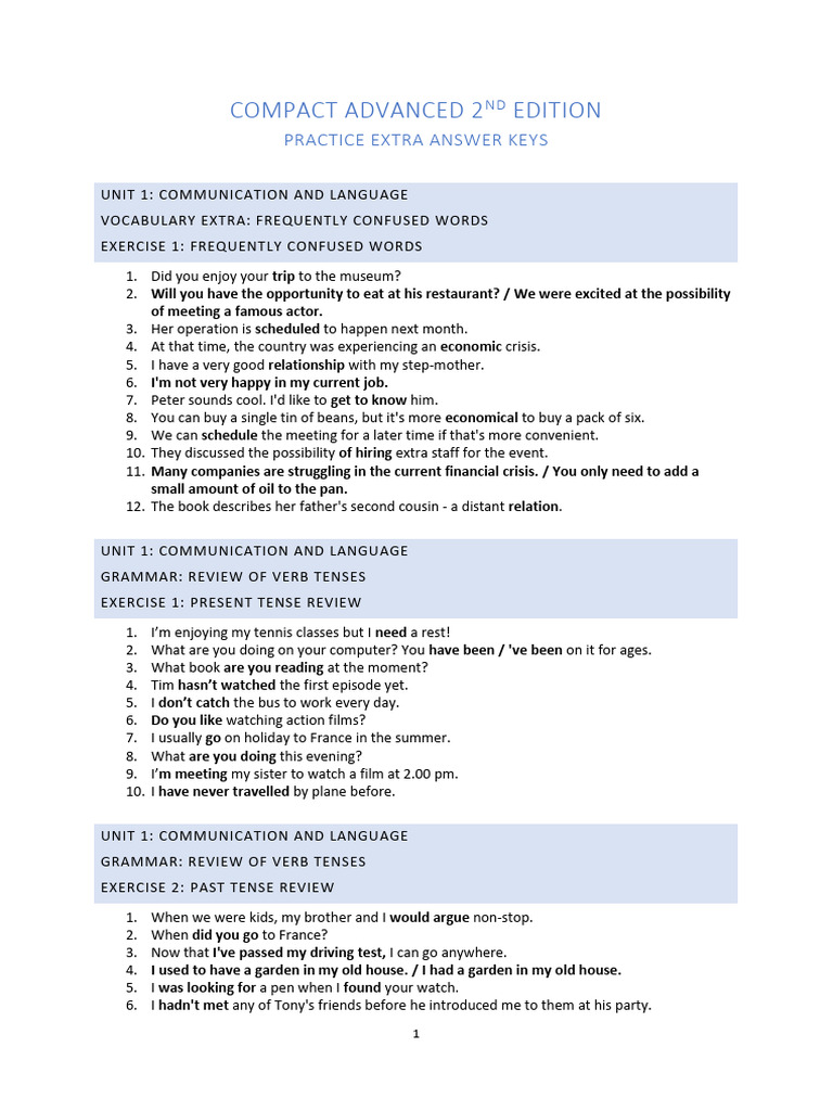 Compact Advanced 2nd Edition Practice Extra Answer Key | PDF