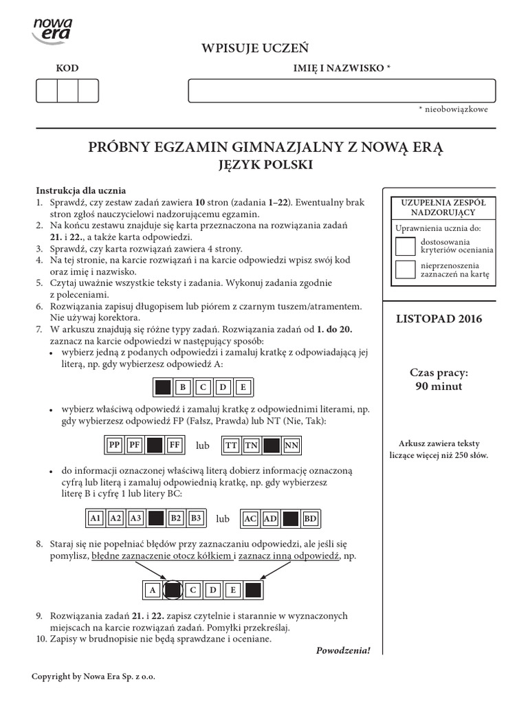 Arkusz Język Polski Listopad 2016 | PDF