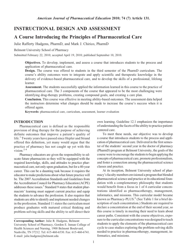 Instructional Design and Assessment A Course Introducing The Principles ...