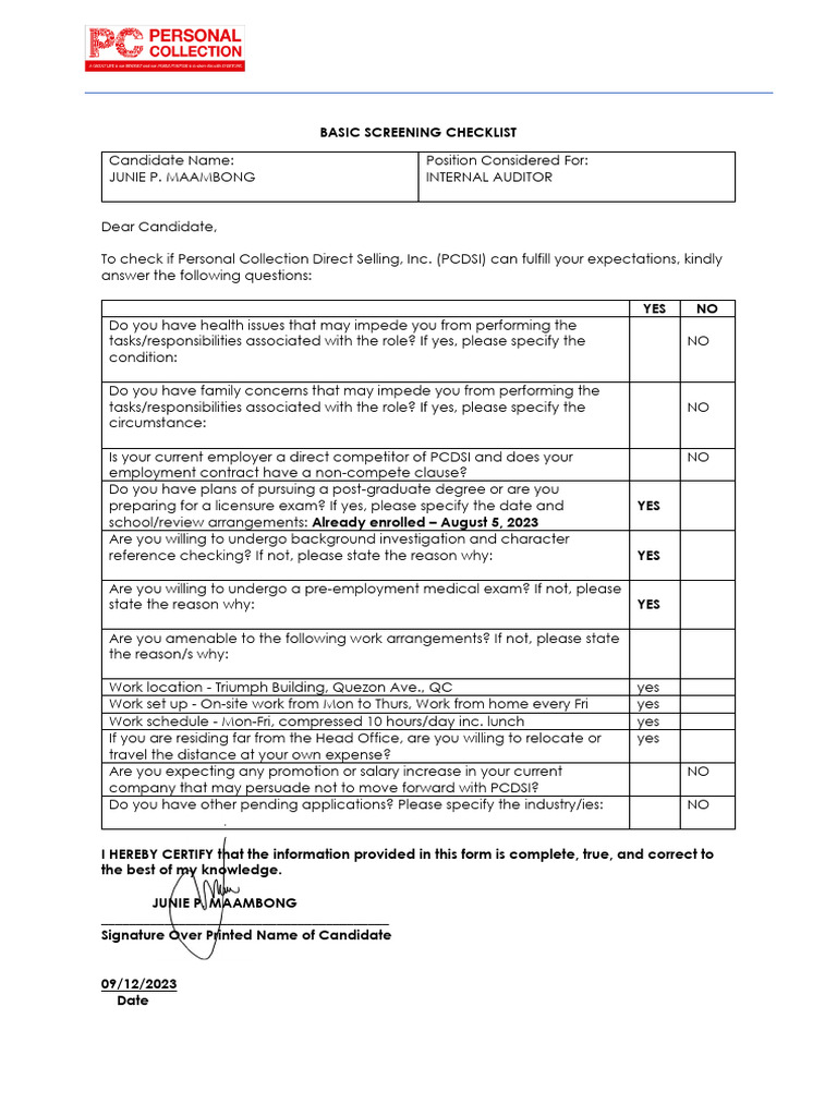 PCDSI_Corporate Talent Acquisition_Basic Screening Checklist-1 | PDF