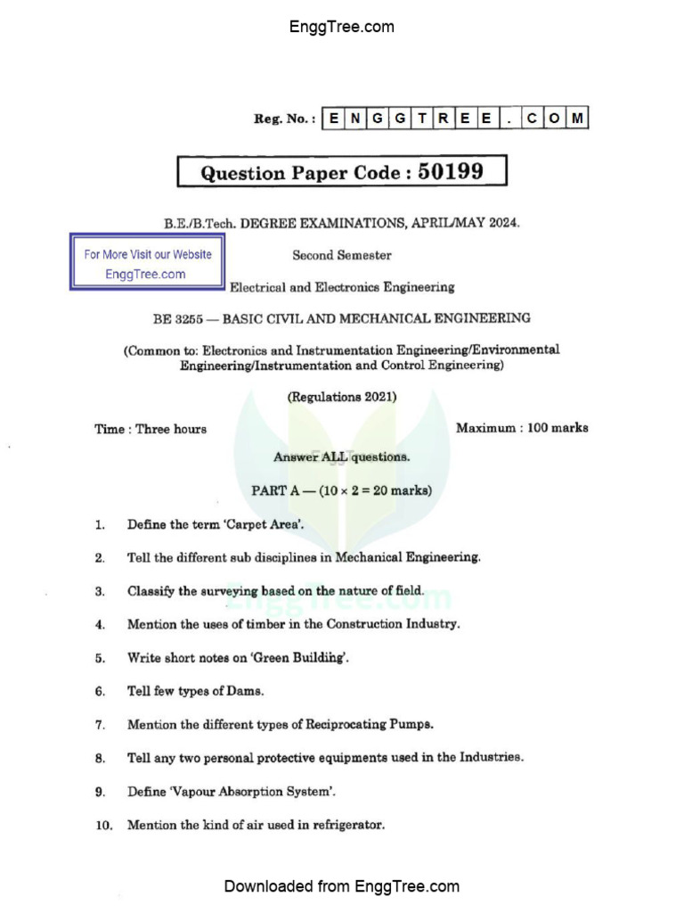 BE3255 Basic Civil and Mechanical Engineering Apr May 2024 Question Paper Download | PDF