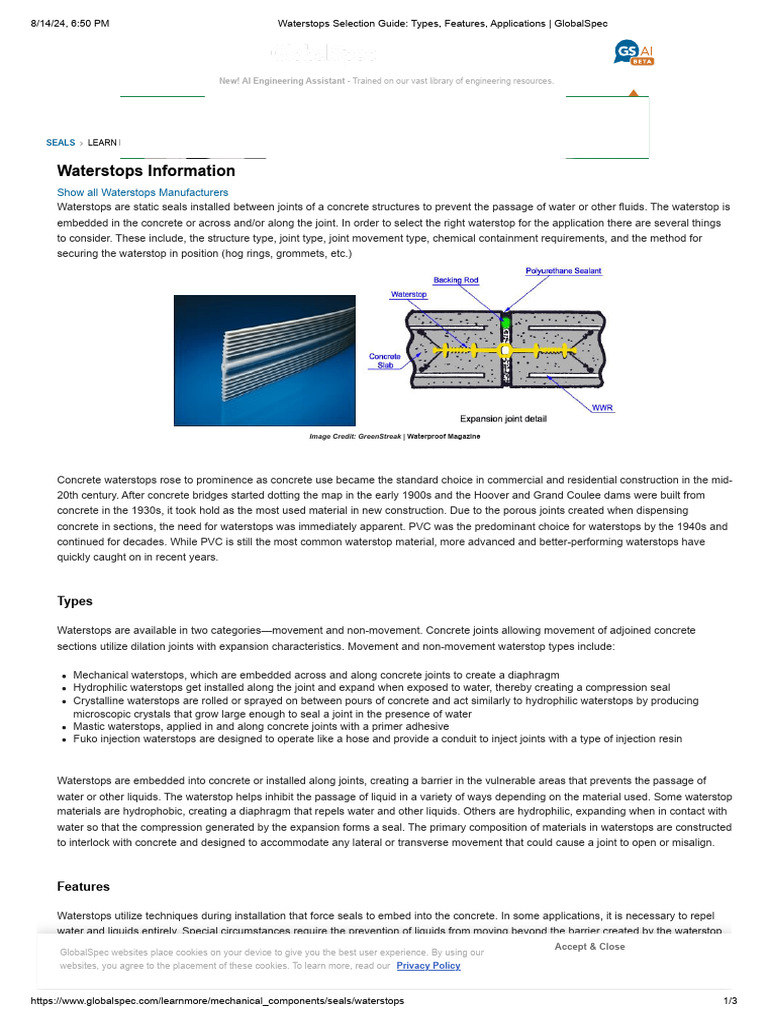 Waterstops Selection Guide - Types, Features, Applications - GlobalSpec | PDF
