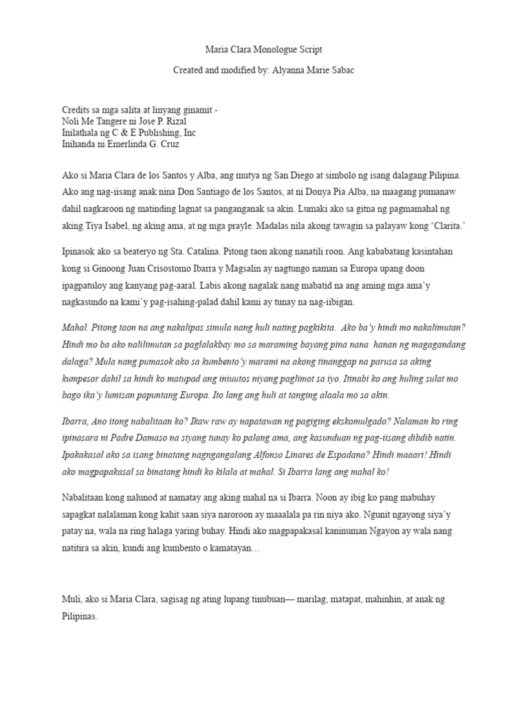 Maria Clara Monologue Script | PDF