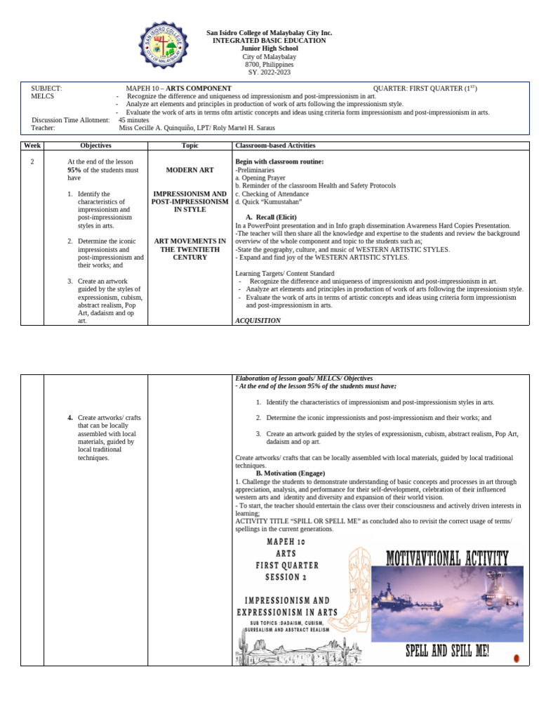 LP Mapeh 10 Arts 1ST Quarter 22-23 | PDF
