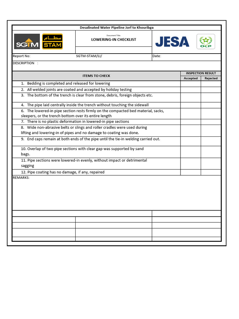 Lowering-In Checklist | PDF