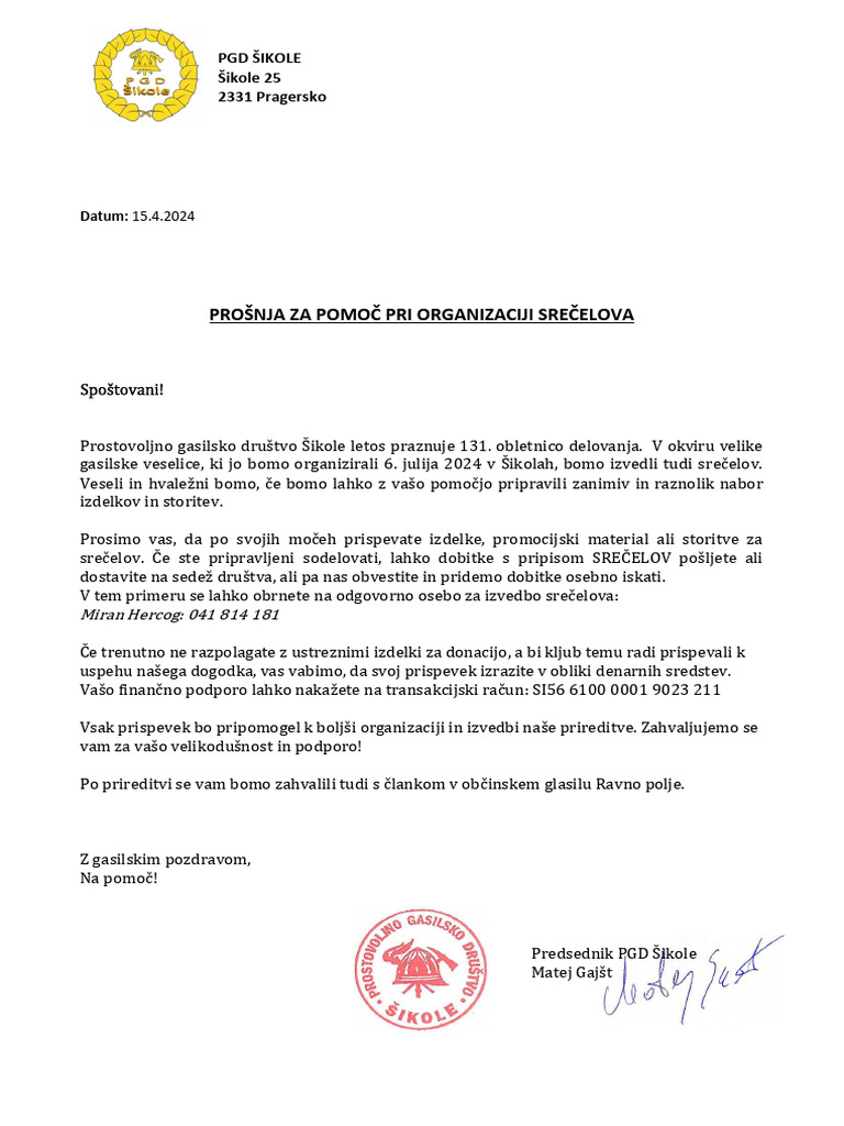 Prošnja Za Donacijo Za Srečelov | PDF