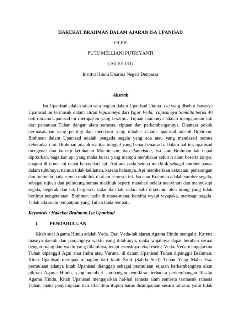 HAKEKAT BRAHMAN DALAM AJARAN ISA UPANISAD | PDF
