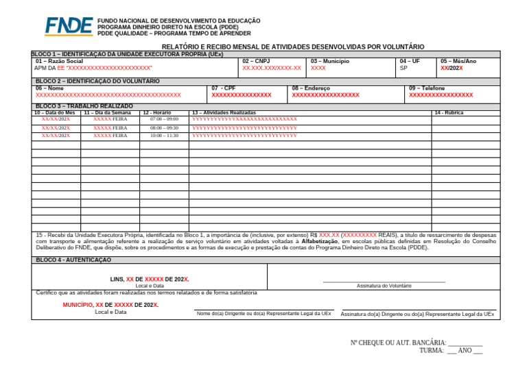 Tempo de Aprender Relatrio e Recibo Mensal de Atividades Desenvolvidas ...