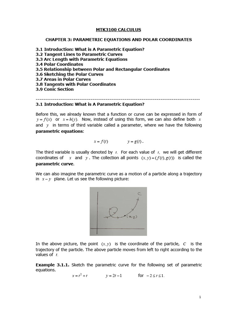 Lecture Notes Topic 3 Parametric Equation And Polar Coordinates Pdf