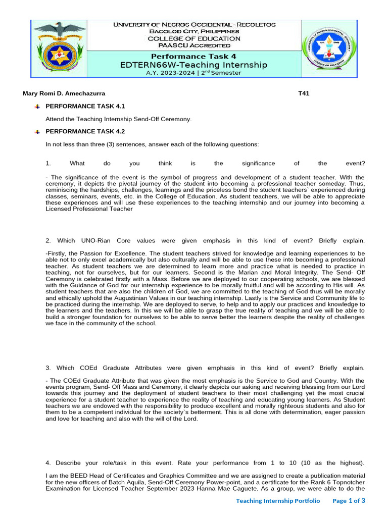 AmechazurraEDTERN66W - Performance Task 4 - Send-Off Mass | PDF