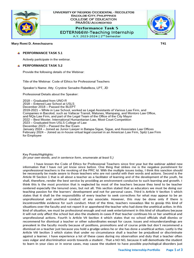 AmechazurraEDTERN66W - Performance Task 5 - Seminar 1 - Code of Ethics | PDF