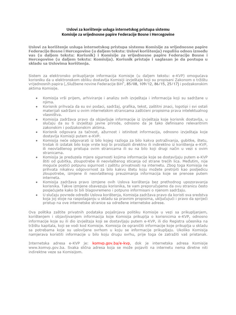 Uslovi Korištenja Usluga Internetskog Pristupa Sistemu Komisije Za Vrijednosne Papire FBiH | PDF