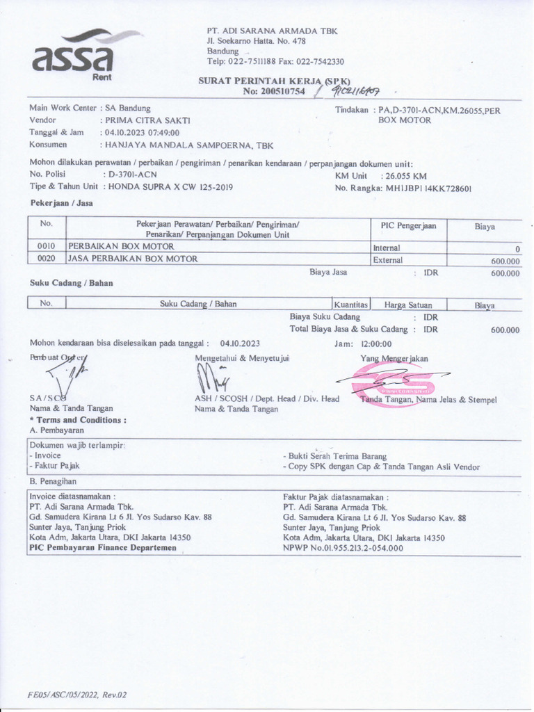 Tagihan Assarent Bandung Perbaikan Box 09-10-2023005 | PDF