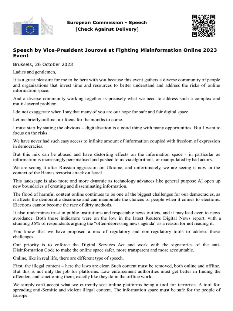 Speech by Vice-President Jourov at Fighting Misinformation Online 2023 Event | PDF