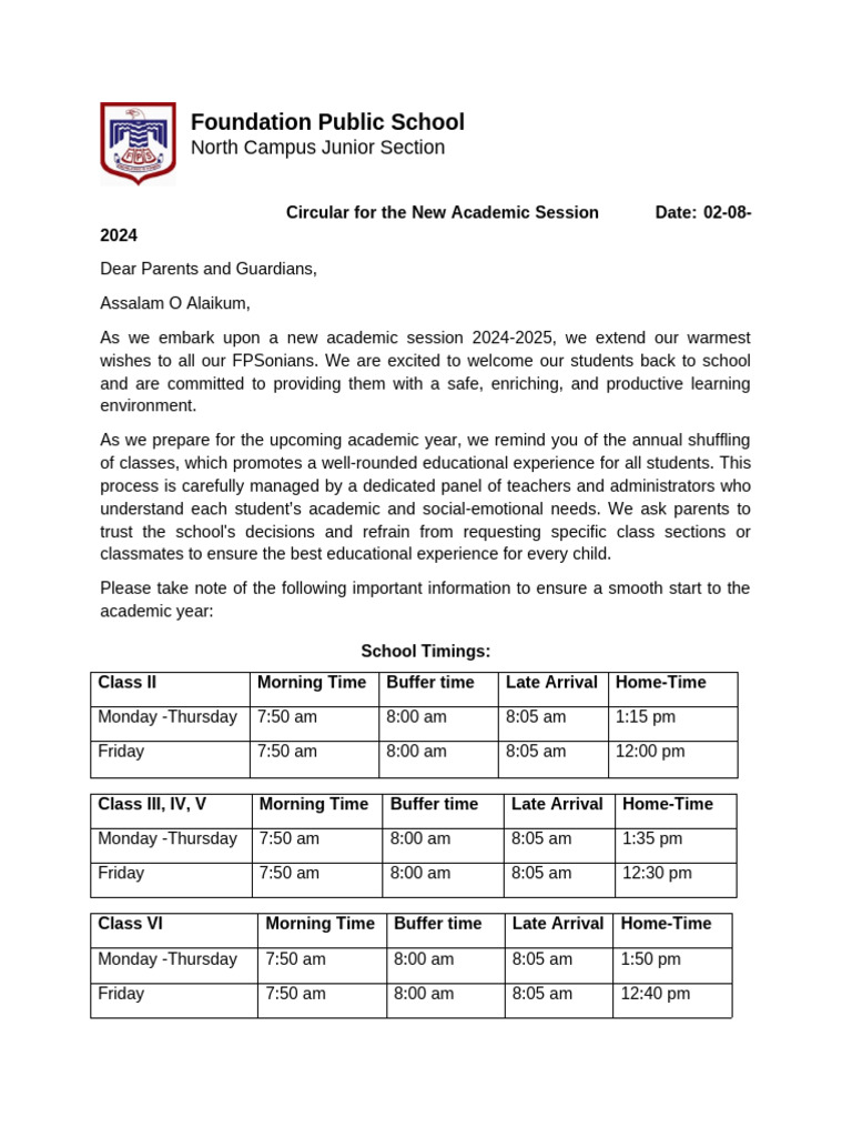 FPS - NCJR - Circular For The New Academic Session 2024-2025 | PDF