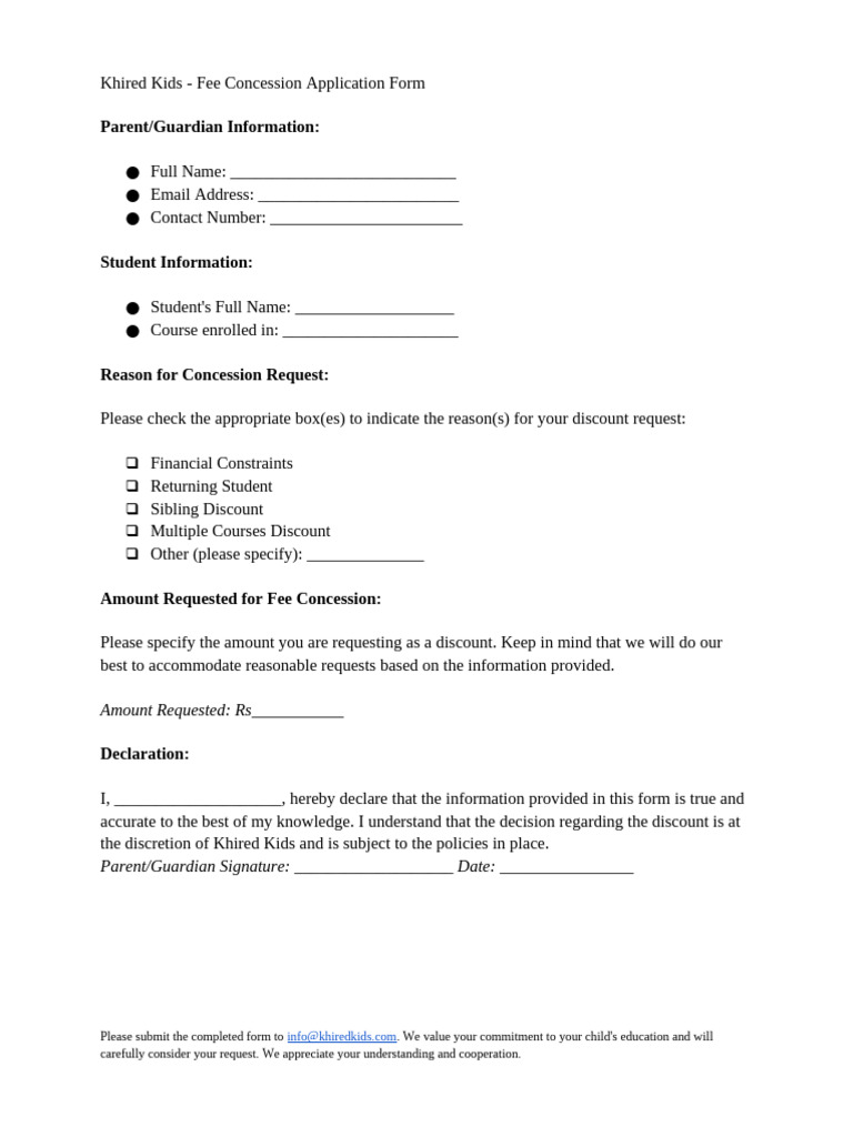 Khired Kids - Fee Concession Application Form | PDF