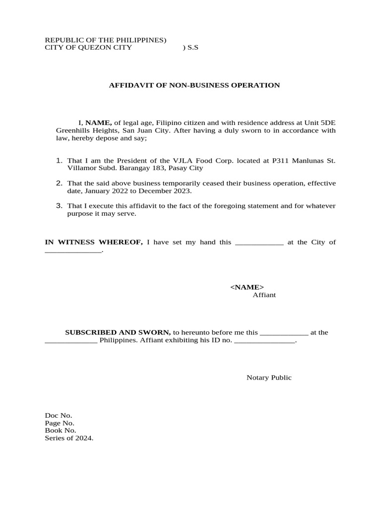 Affidavit of Non-Business Operation | PDF | Finance & Money Management ...