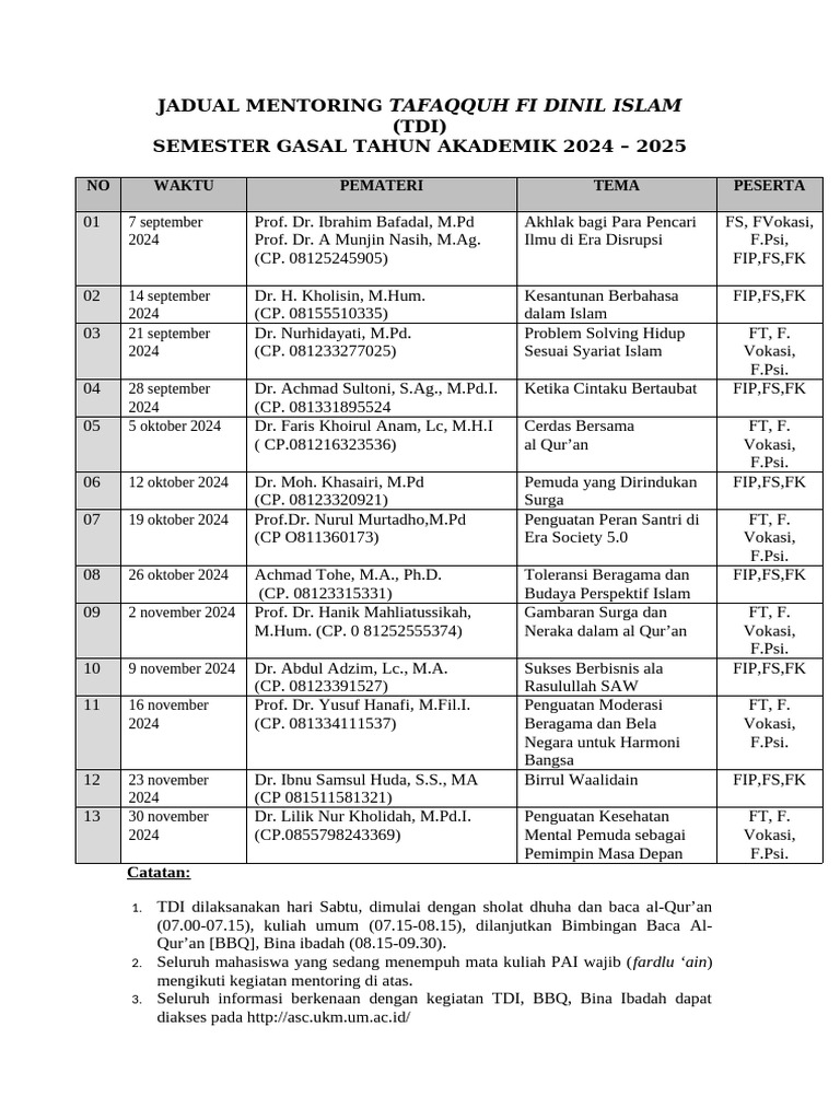 Jadwal Kegiatan Mentoring TDI Semester Gasal 2024-2025 | PDF