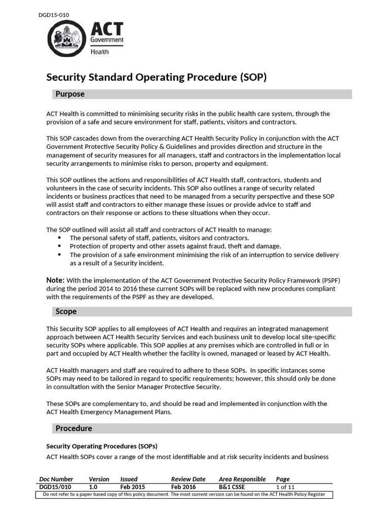 Security Standard Operating Procedures - ACT Health Directorate | PDF