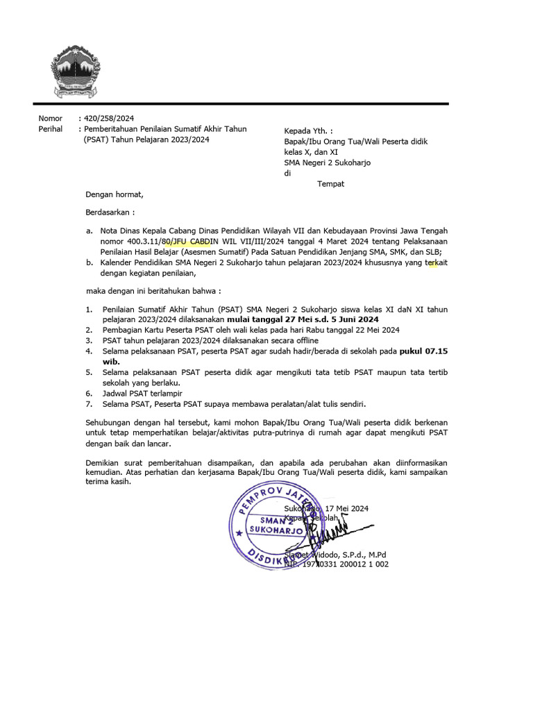 Pemberitahuan Psat 2024 Ke Ortu | PDF