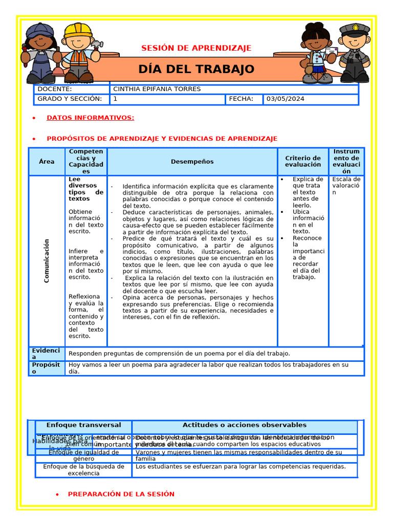 1º E3 Sesión d4 Plan Lector Día Del Trabajo | PDF