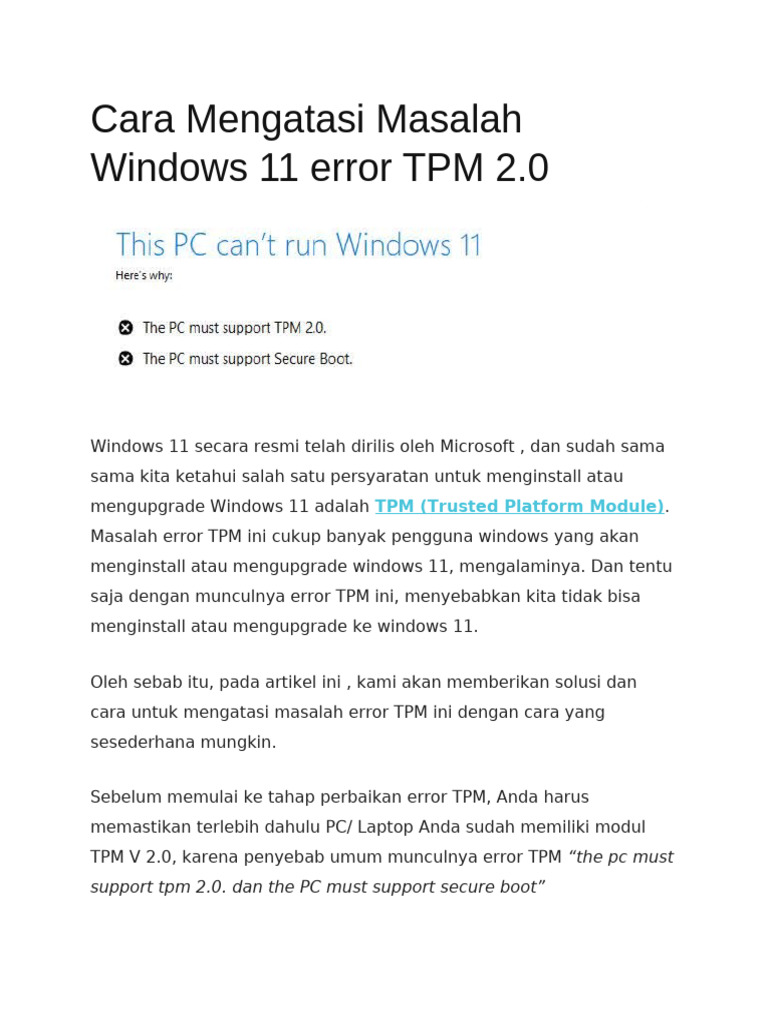 Cara Mengatasi Masalah Windows 11 Error TPM 2 | PDF