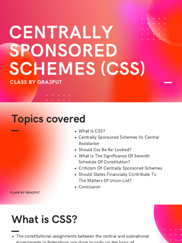 Centrally Sponsored Schemes (CSS) | PDF