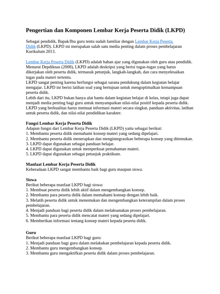 Pengertian Dan Komponen Lembar Kerja Peserta Didik (LKPD) | PDF