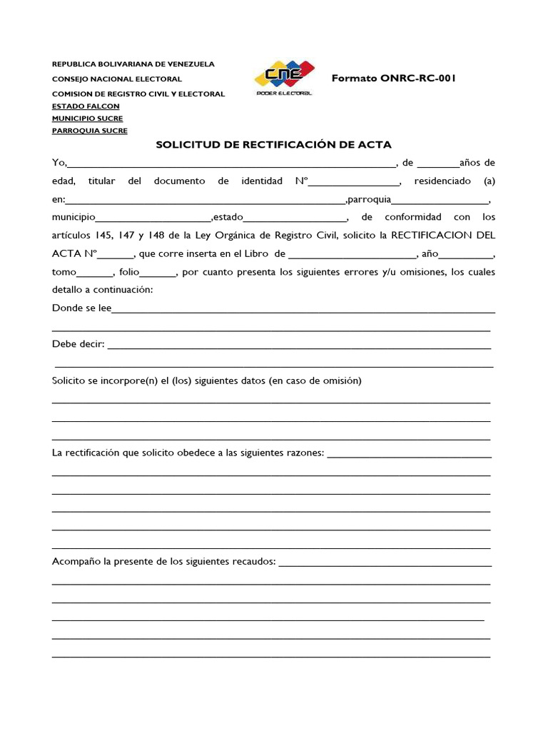 FORMATO SOLICITUD RECTIFICACION DE ACTAS | PDF