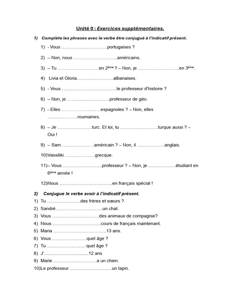Avoir Et Etre Au Présent - Exercices | PDF