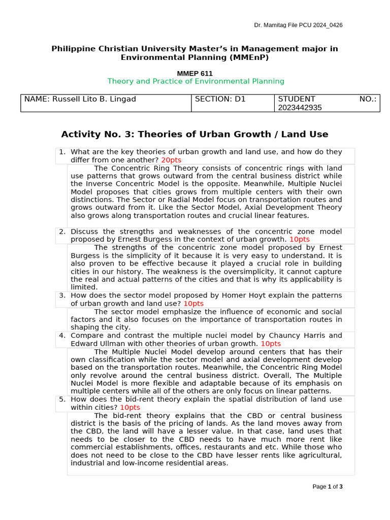 MMEP - 611 Acitivity 3 Theories of Urban Growth Land Use | PDF