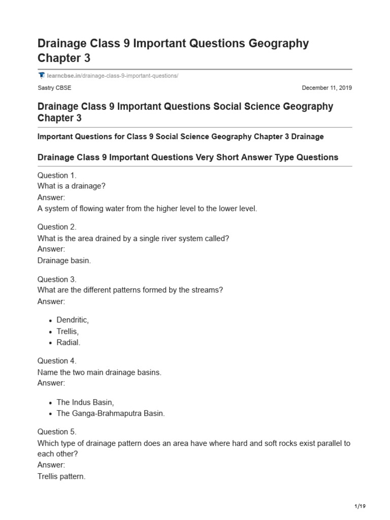 DrainageClass 9important Questions Geography Chapter 3 | PDF | River ...