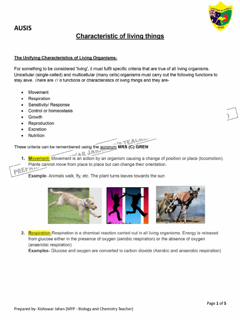 1 T 1 Y 7B Biology Functions - or - Characteristic - of - Living ...