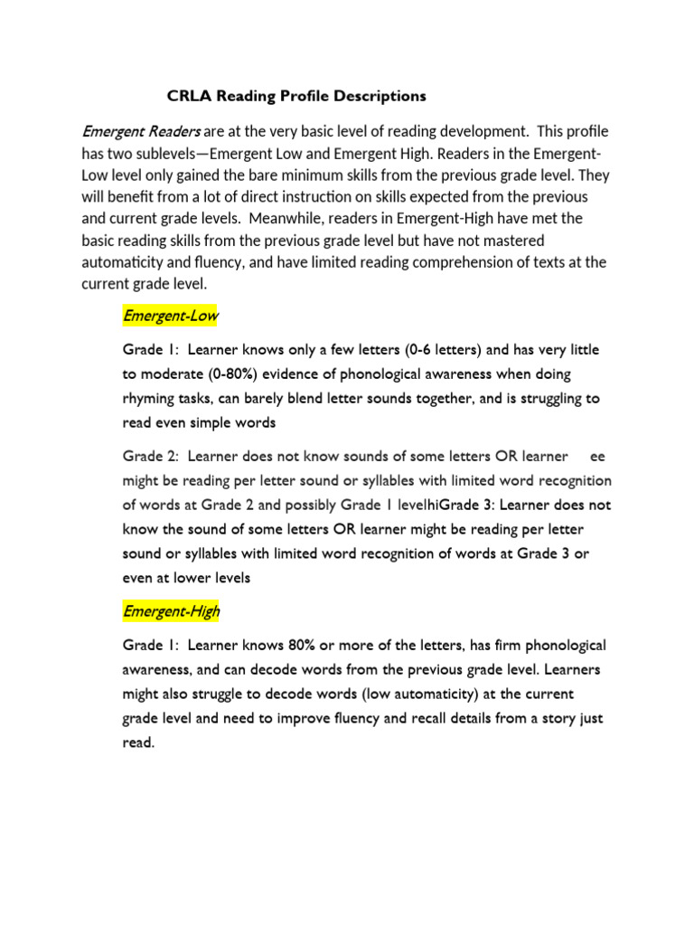 CRLA Reading Profile Descriptions | PDF