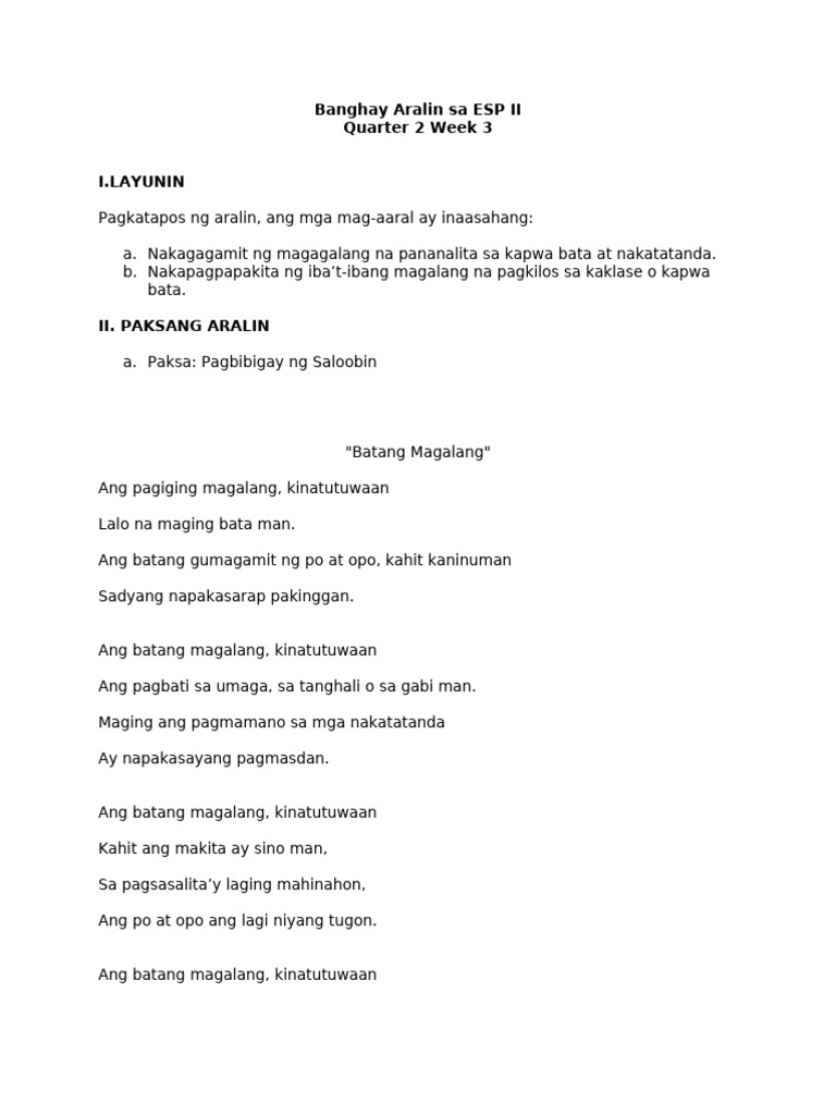 Banghay Aralin: Magalang na Pag-uugali | PDF | Division (Mathematics ...