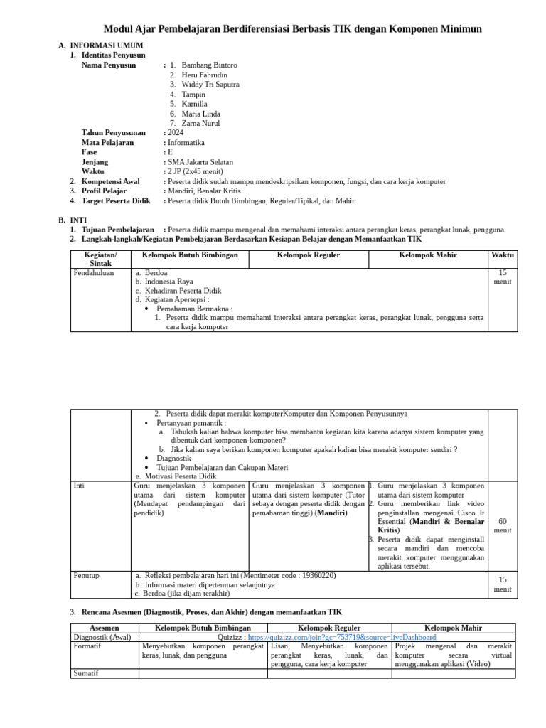 Kelompok 2 - Modul Ajar Pembelajaran Berdiferensiasi Berbasis TIK Dengan Komponen Minimun | PDF