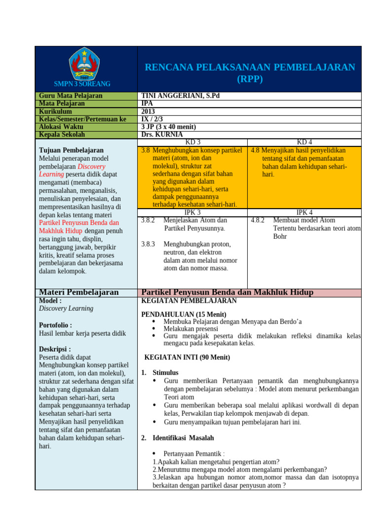 RPP ATOM DAN PARTIKEL PENYUSUNNYA - IPA KELAS IX Tini (Observasi Kelas) New | PDF