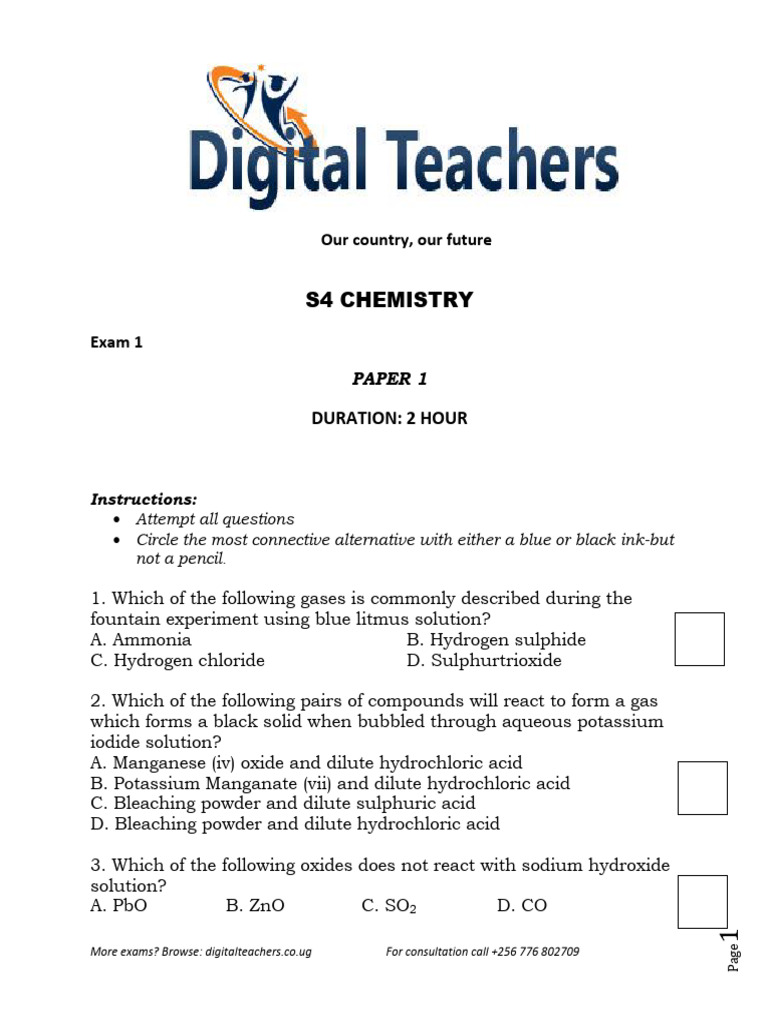 s4 Chemistry Paper 1 Set 1 | PDF | Acid | Science & Mathematics
