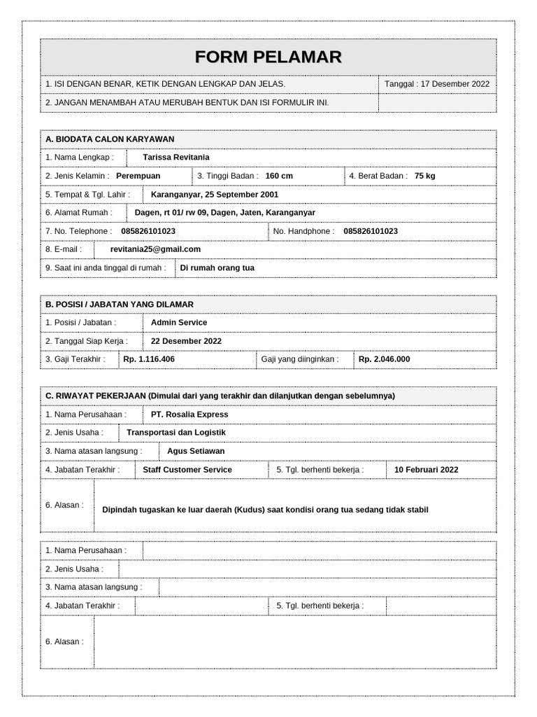 Form Pelamar Calon Karyawan | PDF