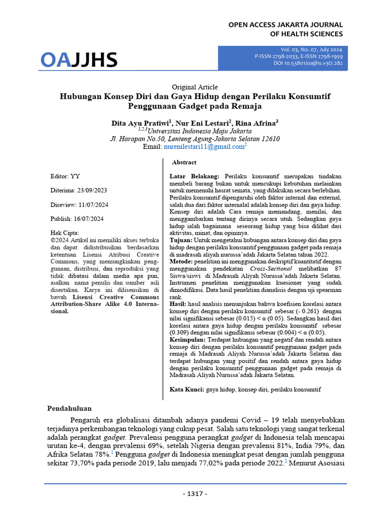 Hubungan Konsep Diri Dan Gaya Hidup Dengan Perilaku Konsumtif Penggunaan Gadget Pada Remaja | PDF