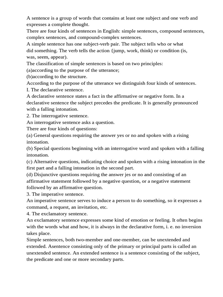 A Sentence Is A Group of Words That Contains at Least One Subject and ...