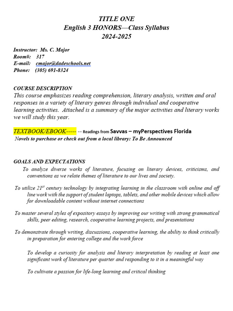2024-2025 Eng 3 Honors Syllabus | PDF