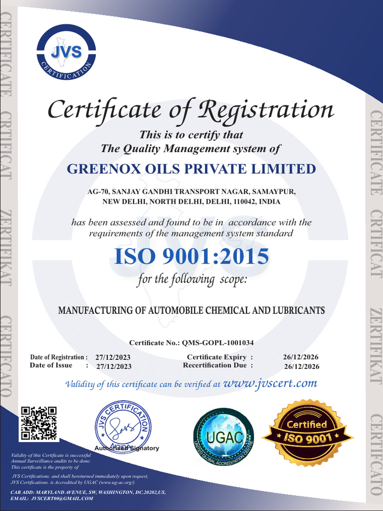 Greenox Oils Private Limited Iso 9001f1034 | PDF