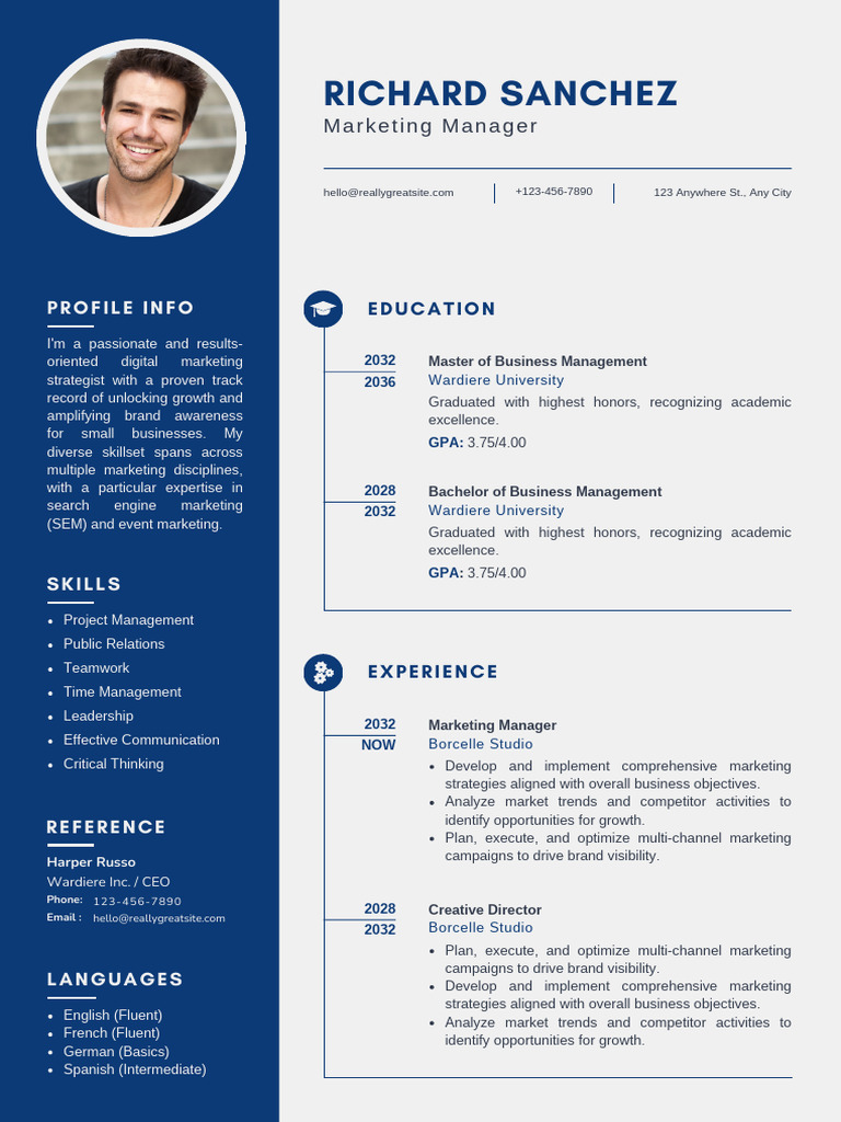 Blue Simple Professional Marketing Manager CV Resume | PDF