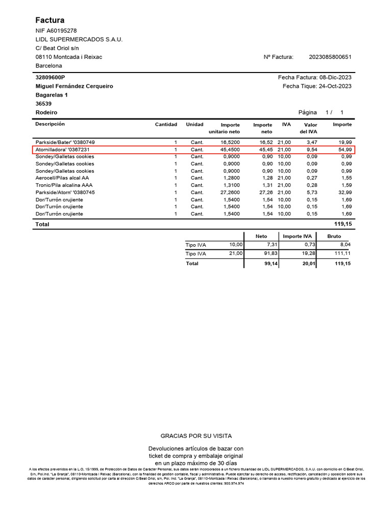 Lidl Taladro Parkside Factura - 2023085800651 | PDF