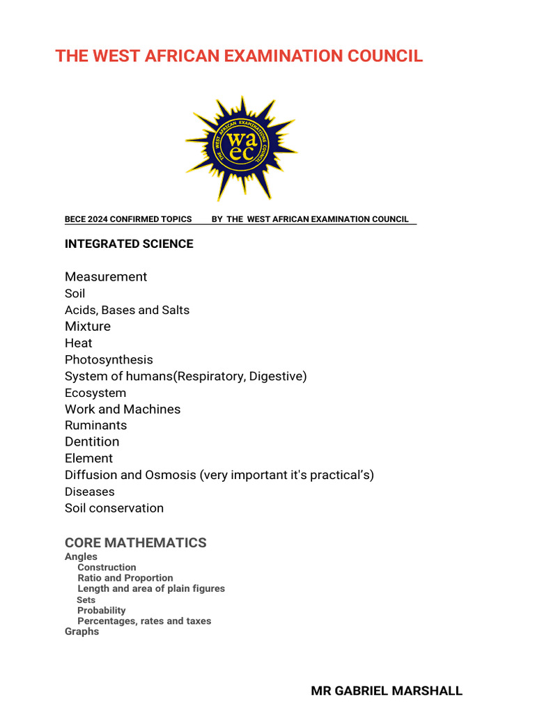 Bece 2024 Final Confirmed Topics by Waec | PDF