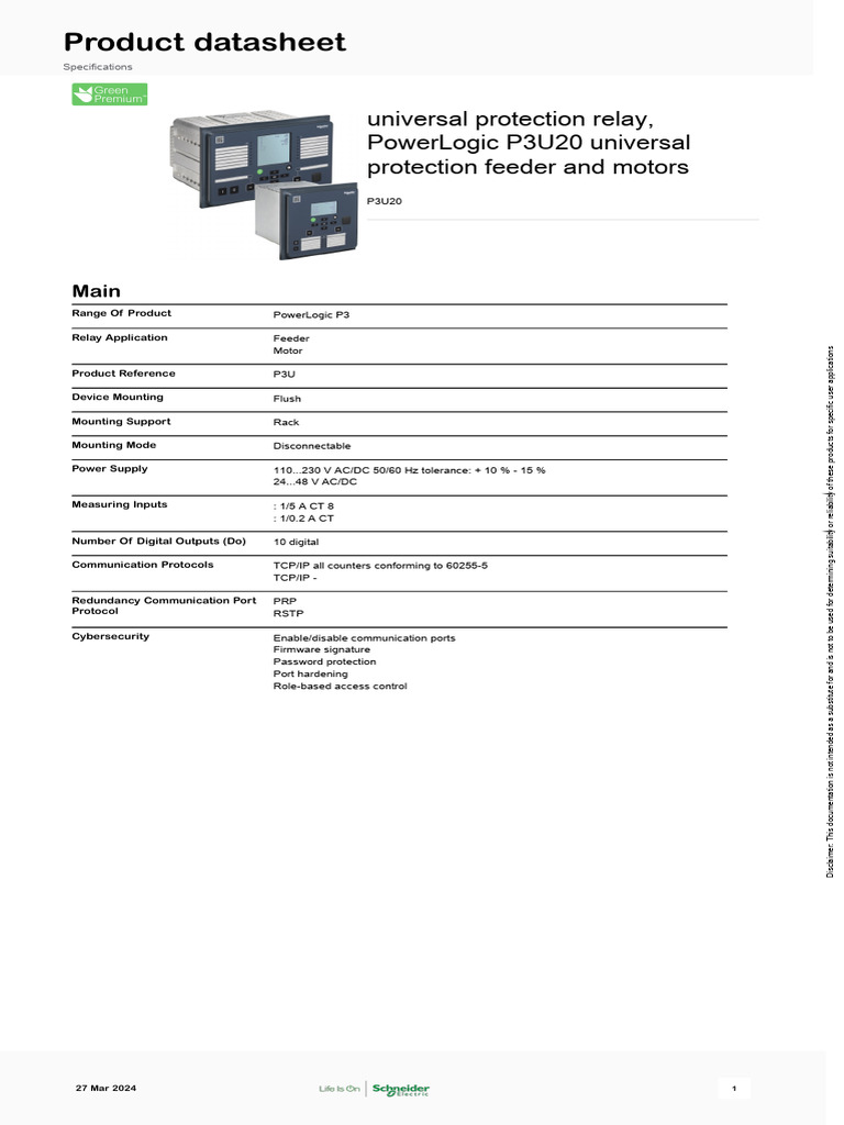 Schneider Electric - PowerLogic-P3-Protection-Relays - P3U20 | PDF