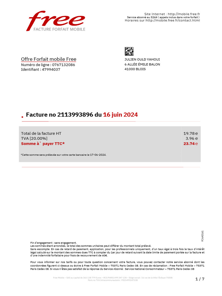 Facture Freemobile 20240616 PDF | PDF