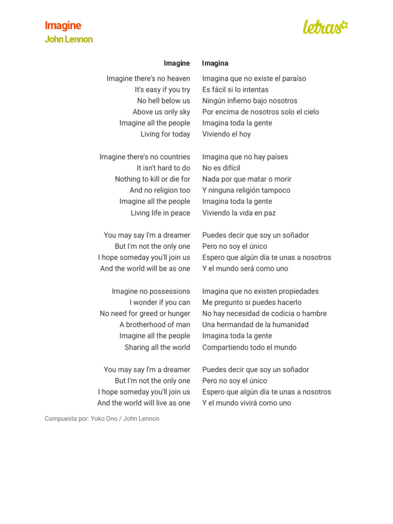 IMAGINE (TRADUCCIÓN) - John Lennon (Impresión) | PDF