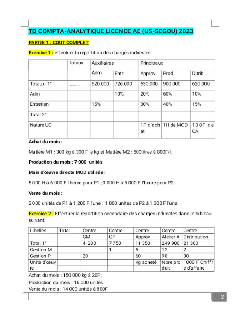 TD COMPTA-ANALYTIQUE 2024 AE FILIERE AEL2-1-1 - Phoenix | PDF
